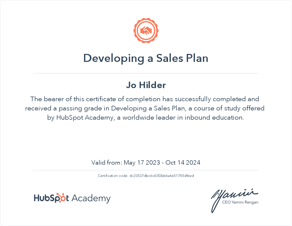 HubSpot Academy Developing a Sales Plan Certification HubSpot Academy Developing a Sales Plan Certification
