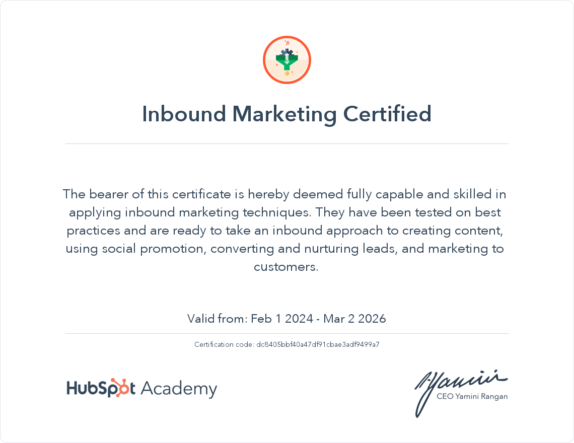 HubSpot Academy Inbound Marketing Certification