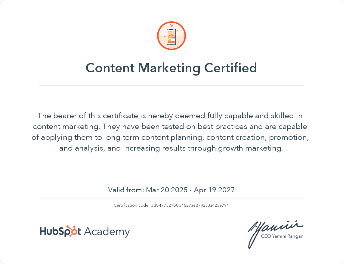 HubSpot Academy Content Marketing Certification
