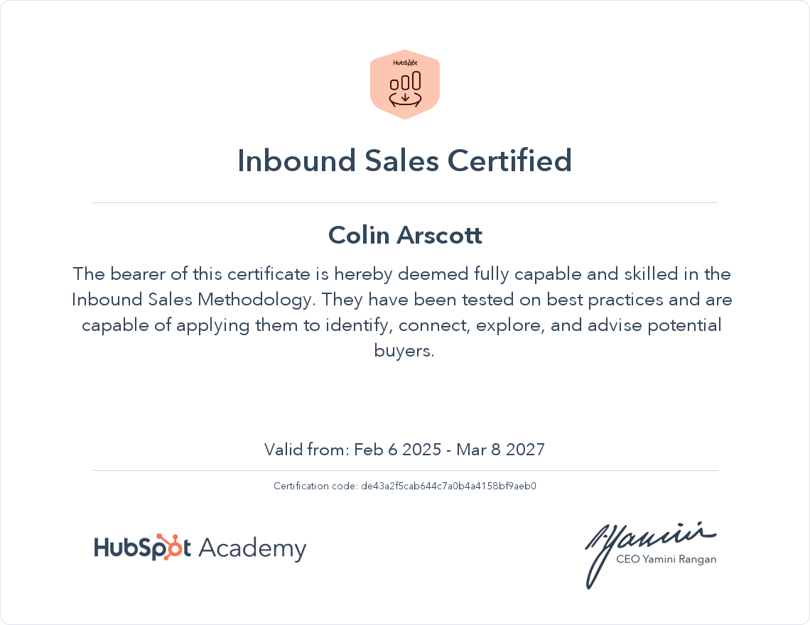 HubSpot Academy Inbound Sales Certification