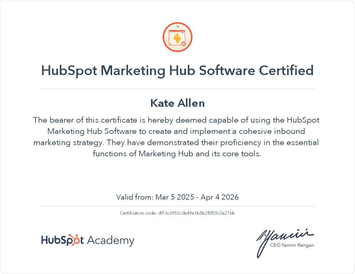 HubSpot Academy HubSpot Marketing Hub Software Certification
