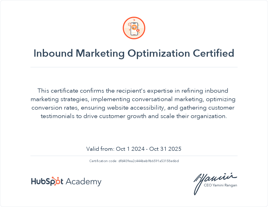 HubSpot Academy Inbound Marketing Optimization Certification