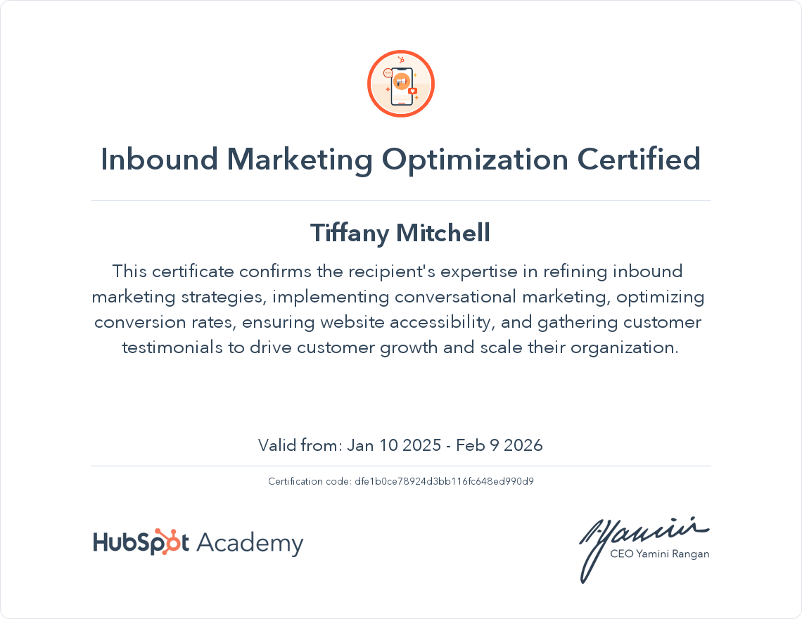 HubSpot Academy Inbound Marketing Optimization Certification