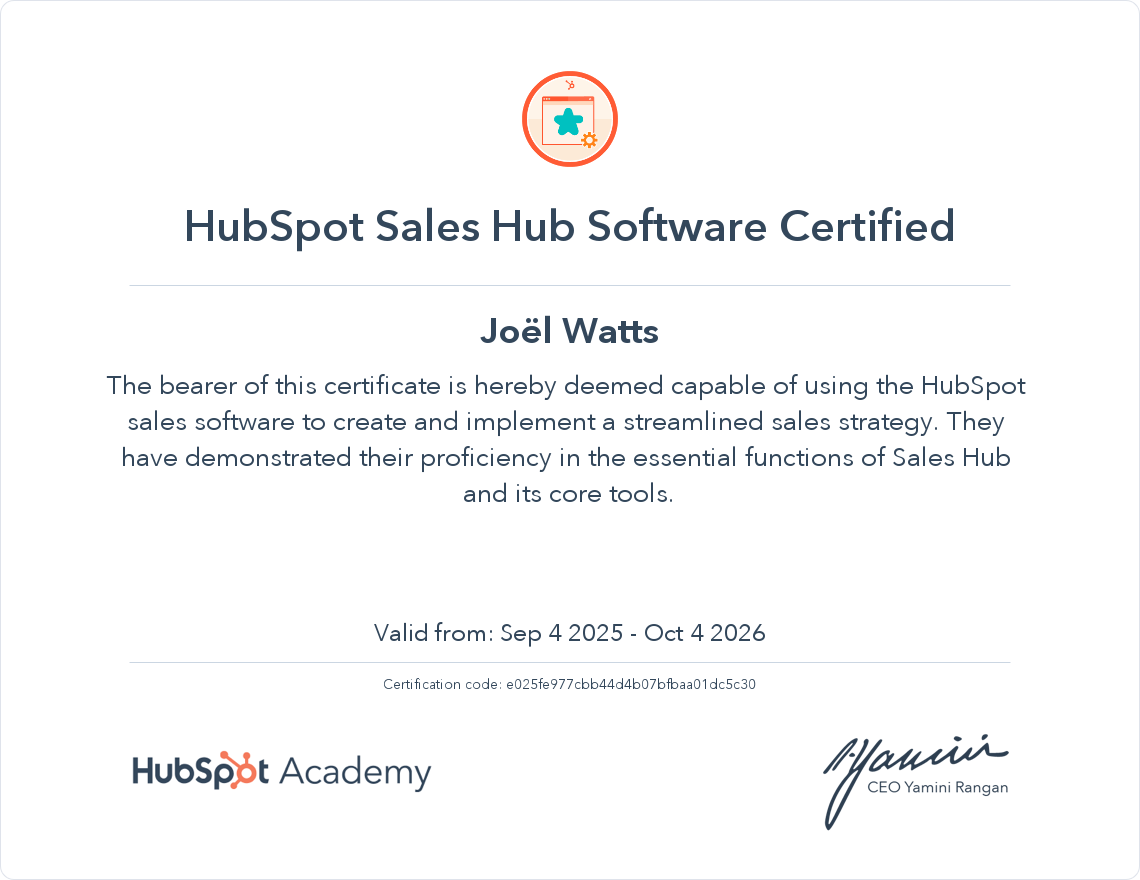 HubSpot Academy HubSpot Sales Hub Software Certification
