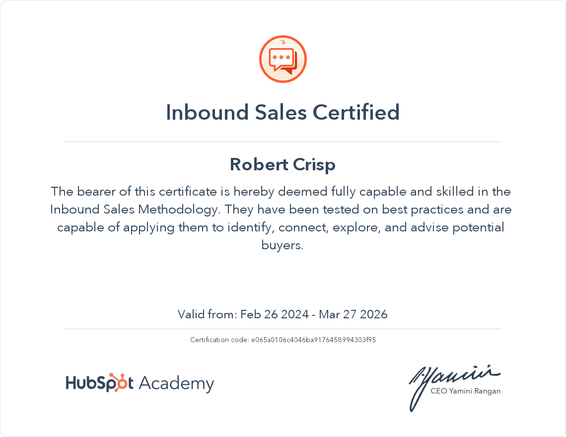 HubSpot Academy Inbound Sales Certification
