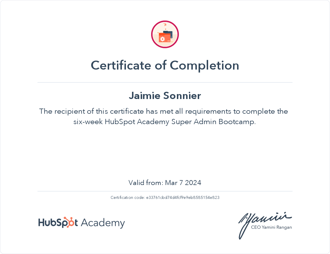 HubSpot Academy Super Admin Bootcamp Certification
