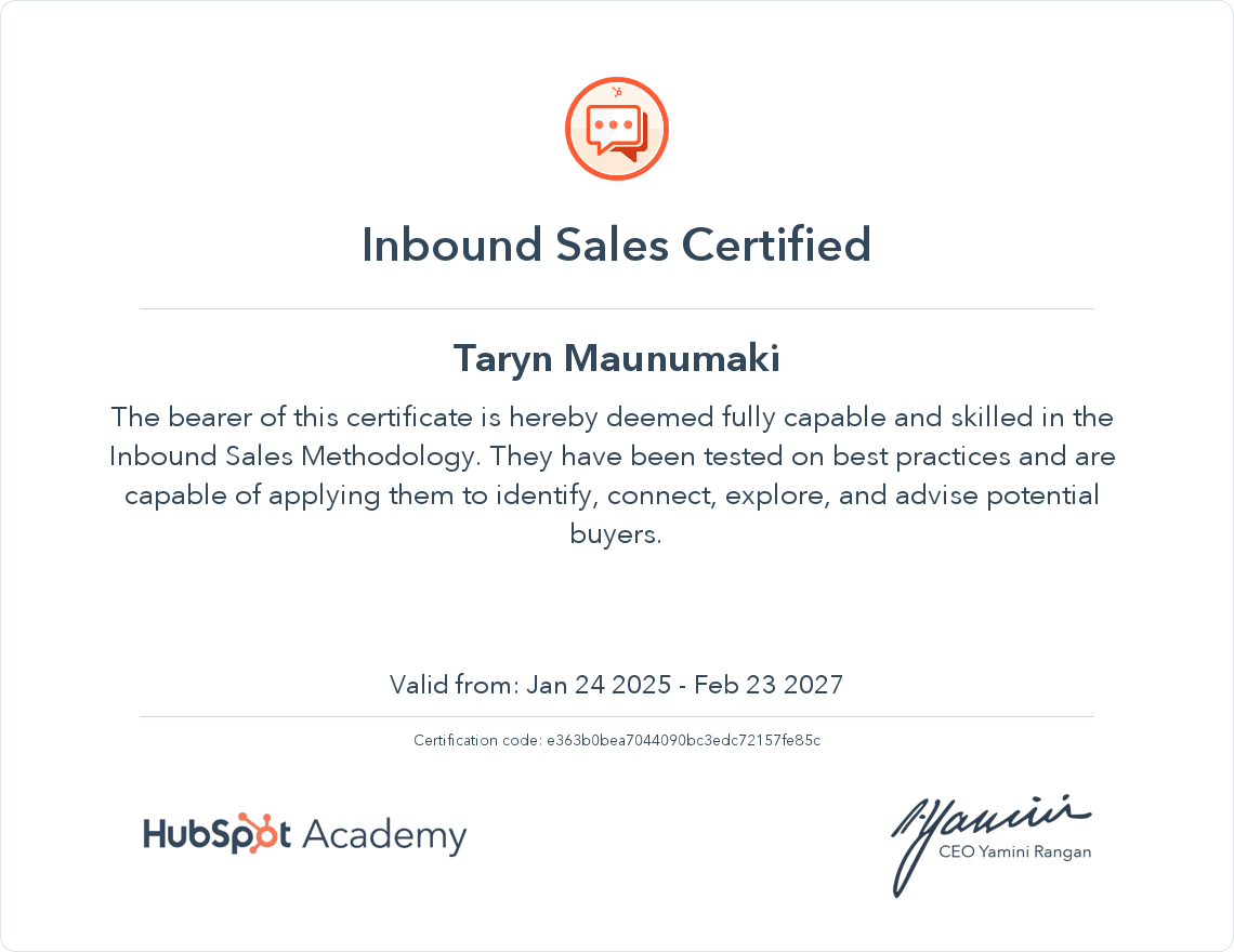 HubSpot Academy Inbound Sales Certification