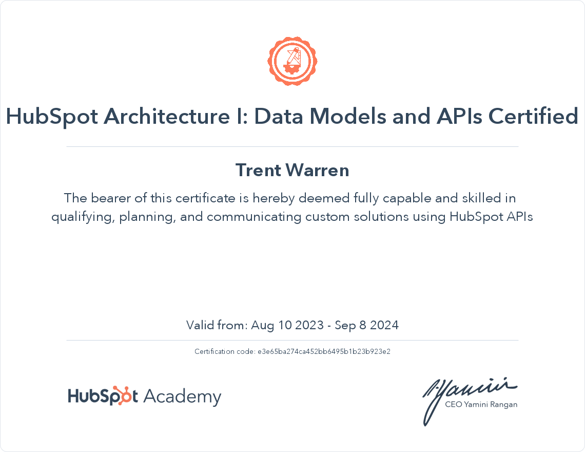 HubSpot Academy HubSpot Architecture I: Data Models and APIs Certification