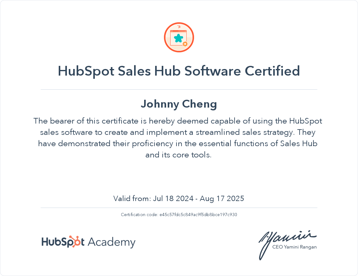 HubSpot Academy HubSpot Sales Hub Software Certification