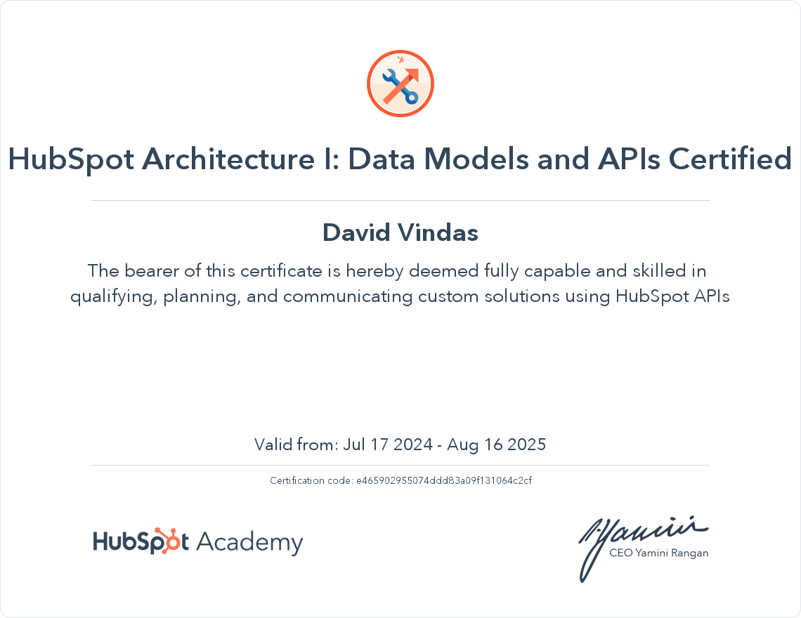 HubSpot Academy HubSpot Architecture I: Data Models and APIs Certification