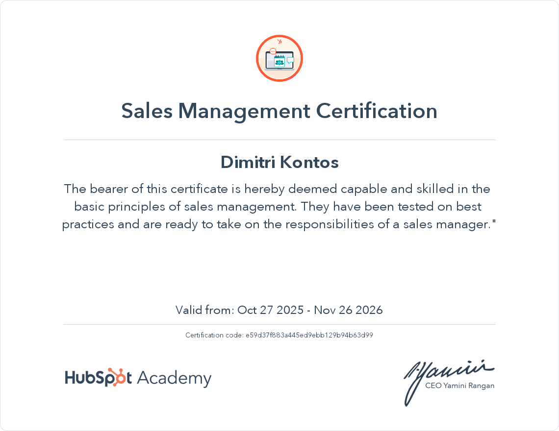 HubSpot Academy Sales Management Certification