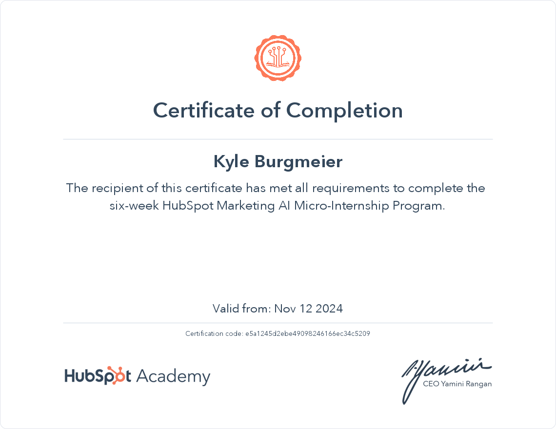 HubSpot Academy HubSpot Marketing AI Micro-Internship Program Certification