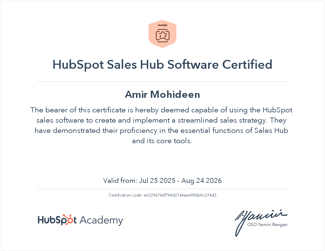HubSpot Academy HubSpot Sales Hub Software Certification