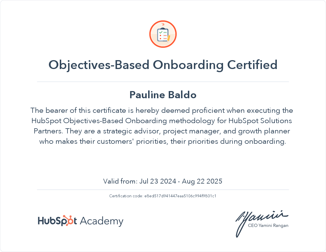 Certification Onboarding basé sur les objectifs de HubSpot Academy