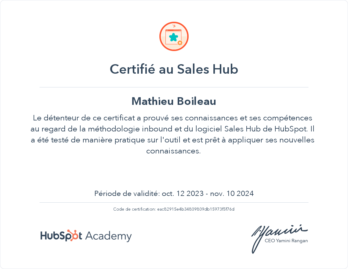 Certification Sales Hub de HubSpot de HubSpot Academy