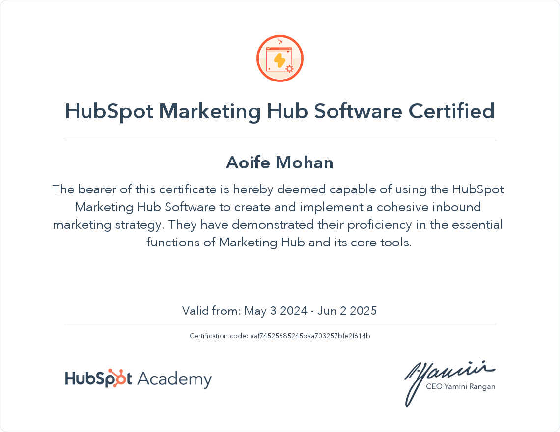 HubSpot Academy HubSpot Marketing Hub Software Certification