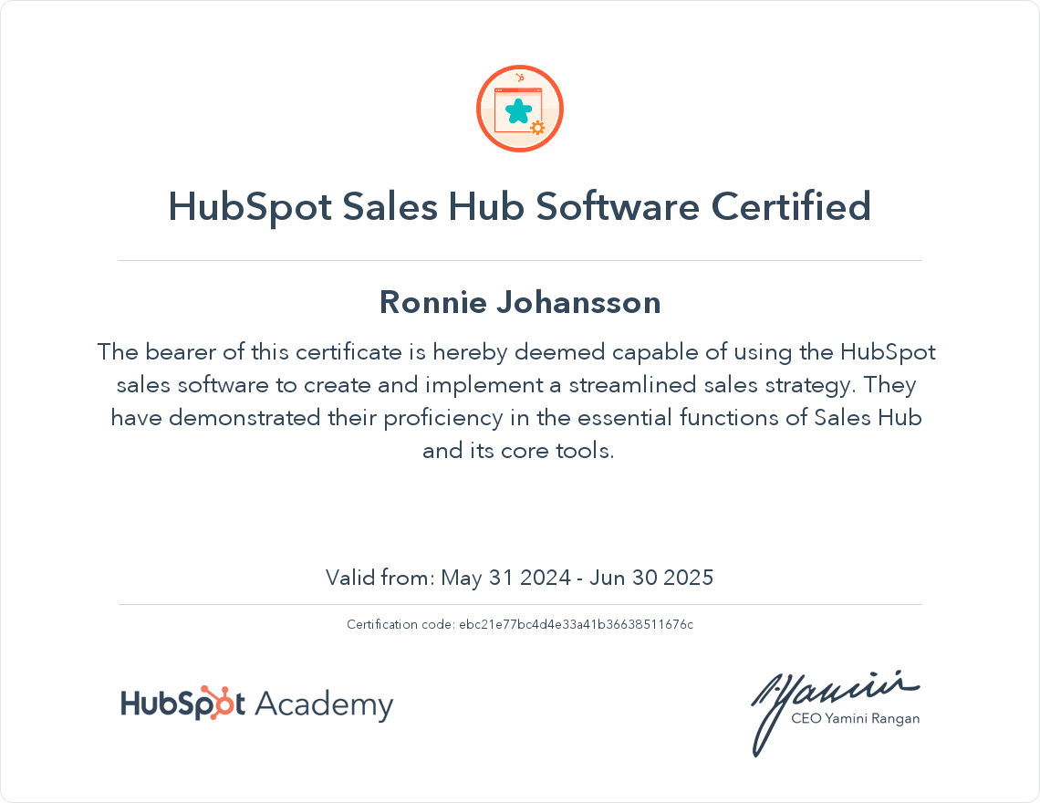 HubSpot Academy HubSpot Sales Hub Software Certification