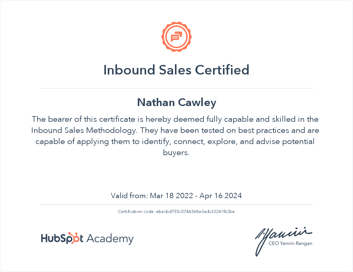 HubSpot Academy Inbound Sales Certification