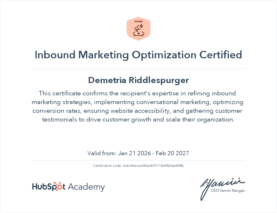 HubSpot Academy Inbound Marketing Optimization Certification