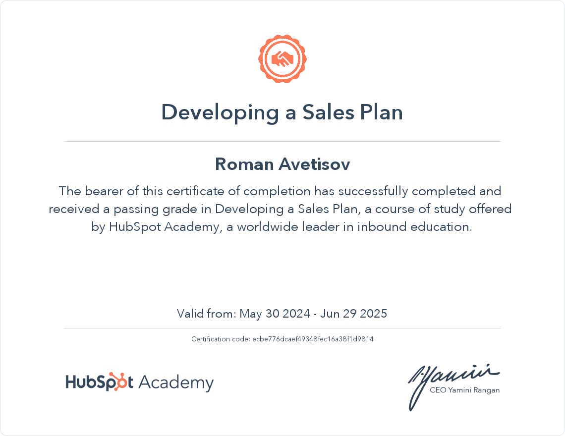 HubSpot Academy Developing a Sales Plan Certification HubSpot Academy Developing a Sales Plan Certification