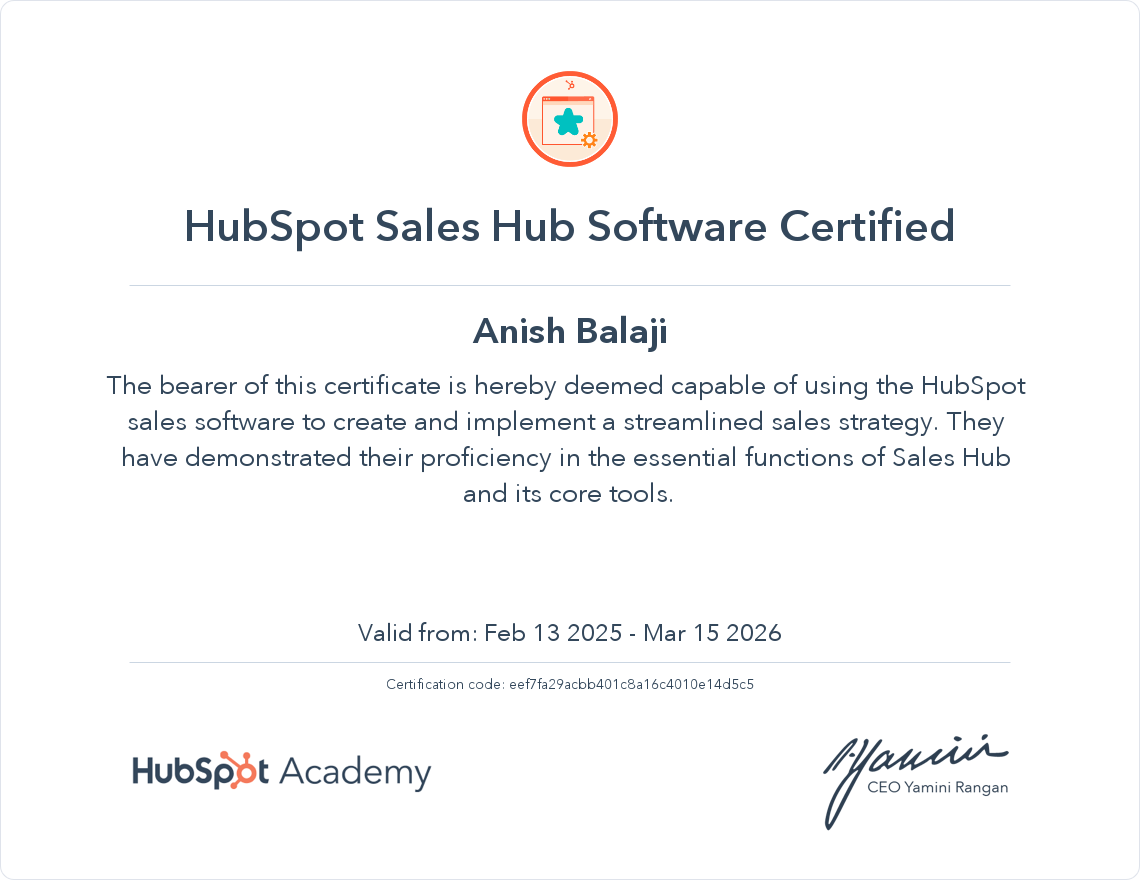 HubSpot Academy HubSpot Sales Hub Software Certification