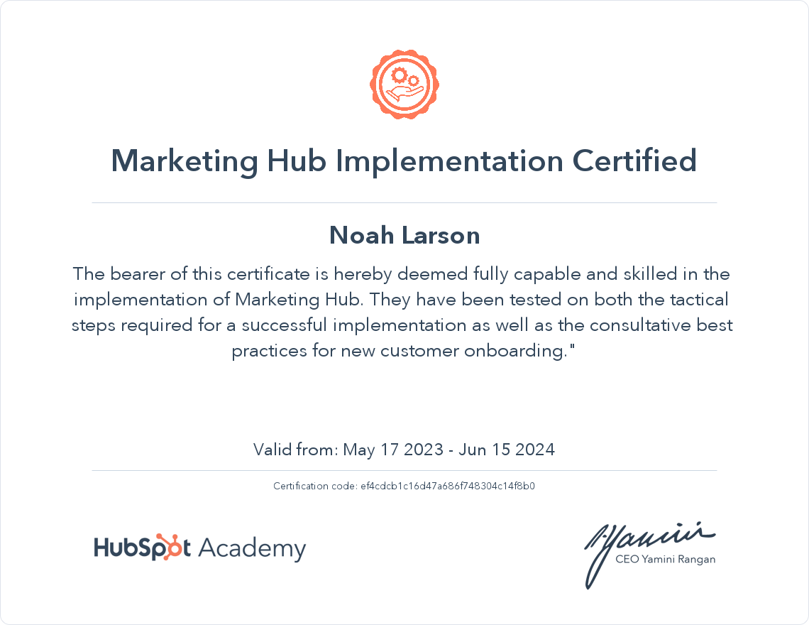 HubSpot Academy Implémentation du Marketing Hub Certification