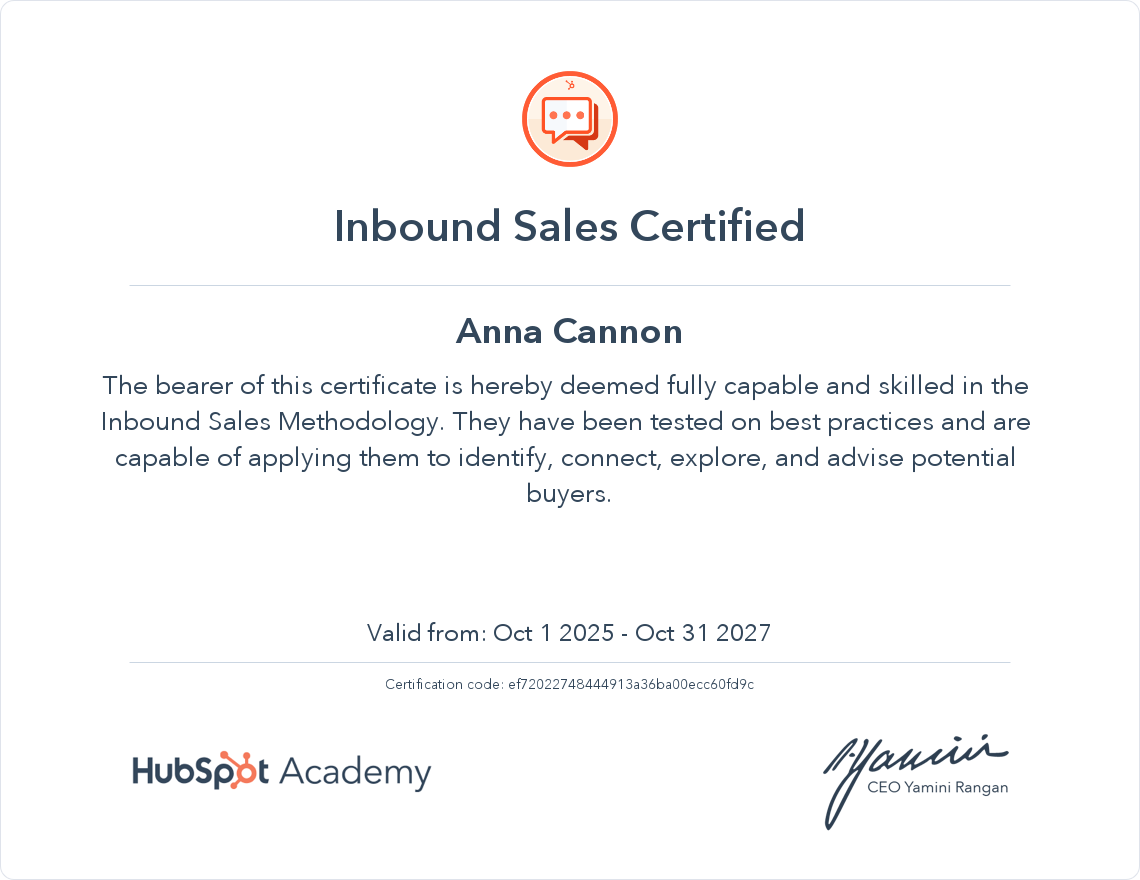 HubSpot Academy Inbound Sales Certification