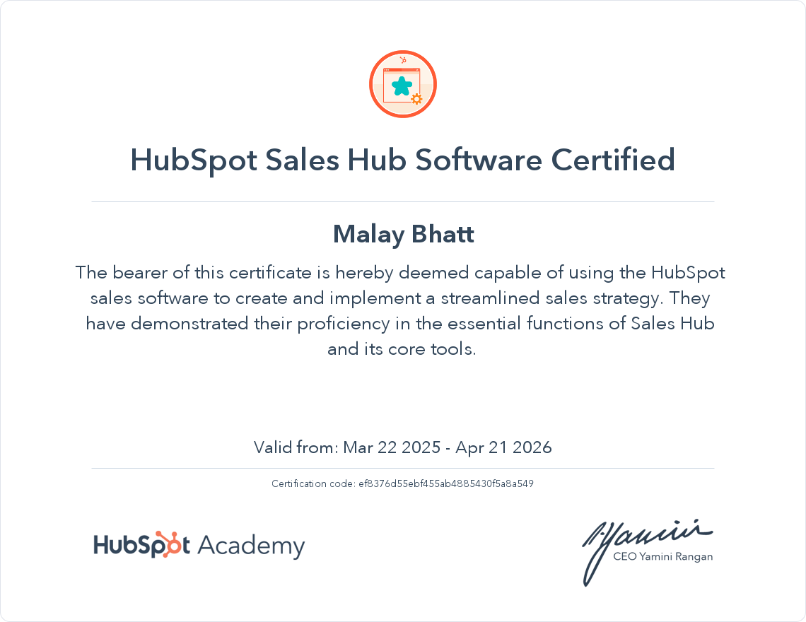 HubSpot Academy HubSpot Sales Hub Software Certification