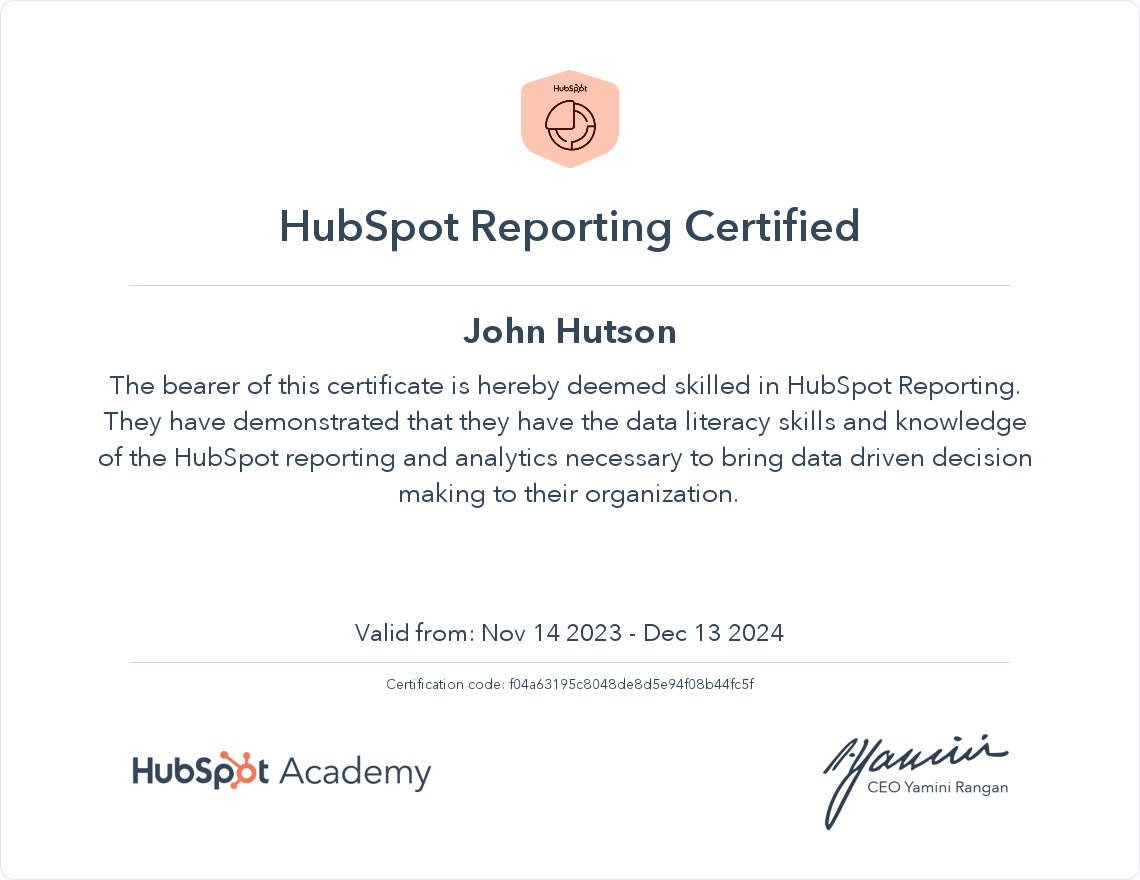 HubSpot Academy HubSpot Reporting Certification