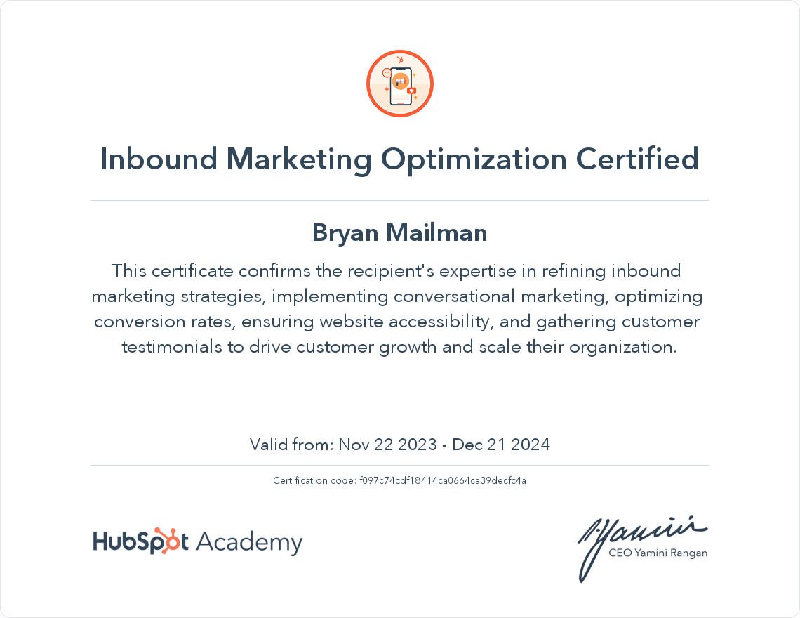 HubSpot Academy Inbound Marketing Optimization Certification