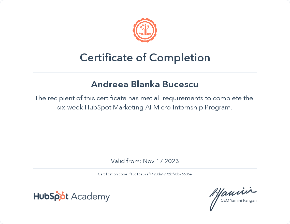 HubSpot Academy HubSpot Marketing AI Micro-Internship Program Certification