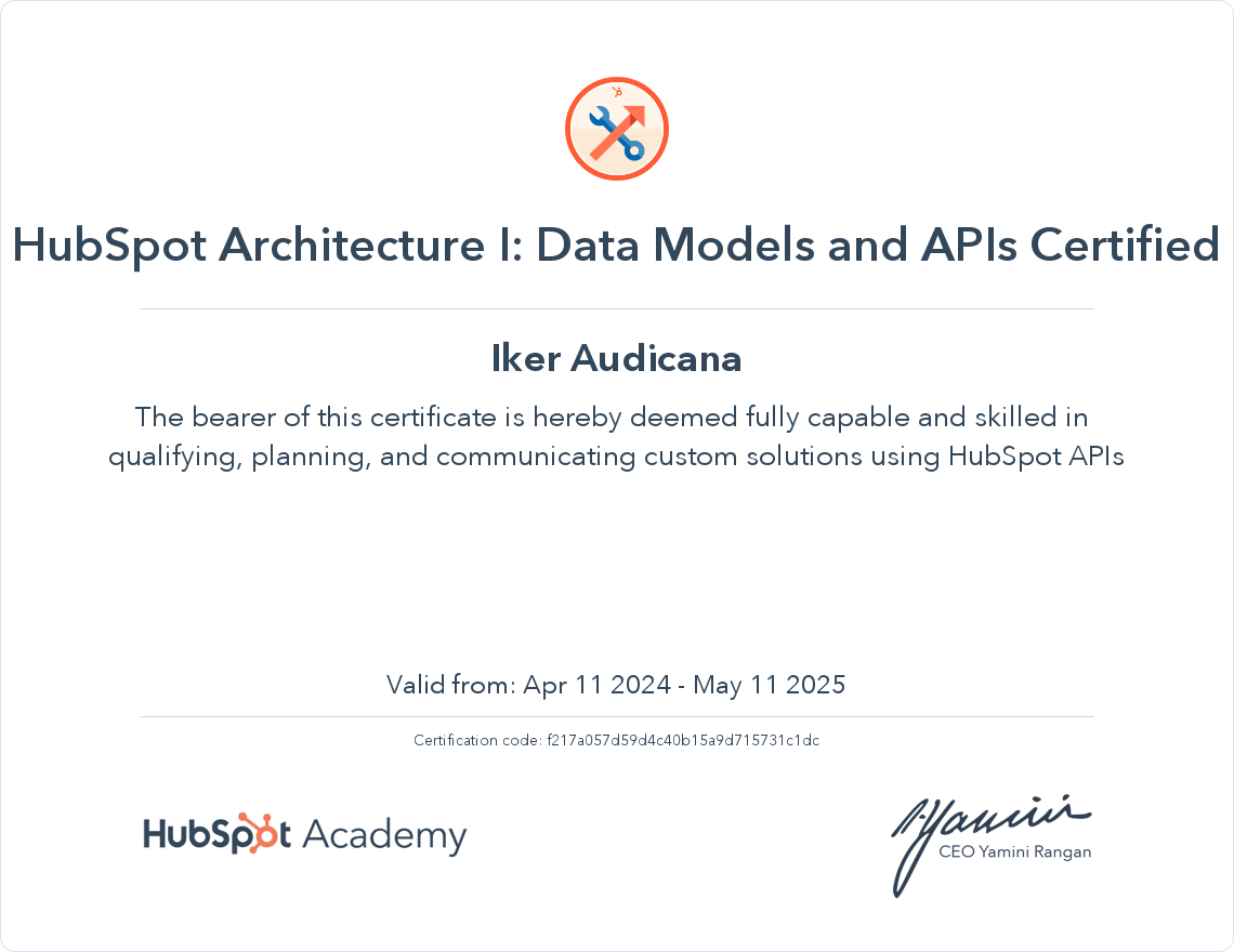 HubSpot Academy HubSpot Architecture I: Data Models and APIs Certification