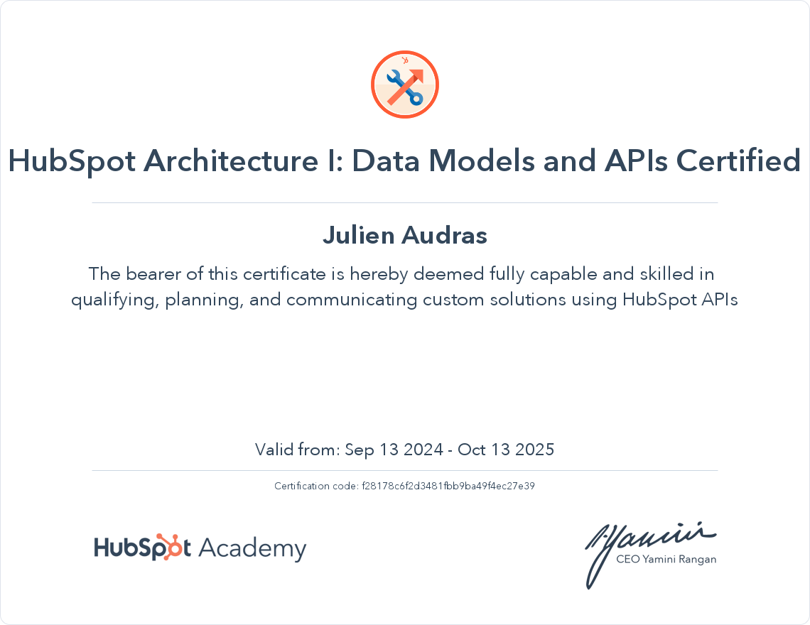 HubSpot Academy HubSpot Architecture I: Data Models and APIs Certification