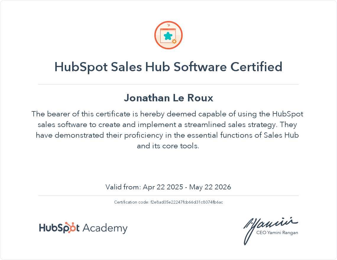 HubSpot Academy HubSpot Sales Hub Software Certification