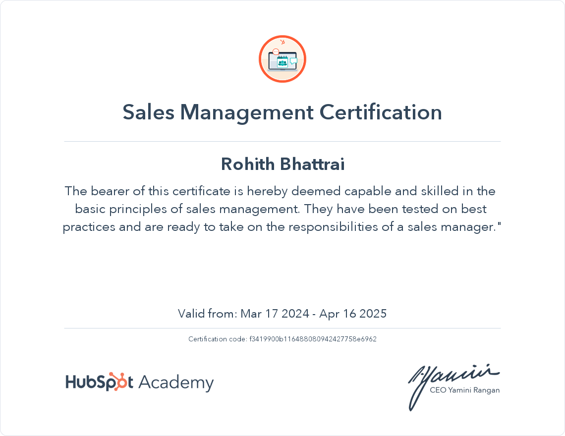 HubSpot Academy Sales Management Certification