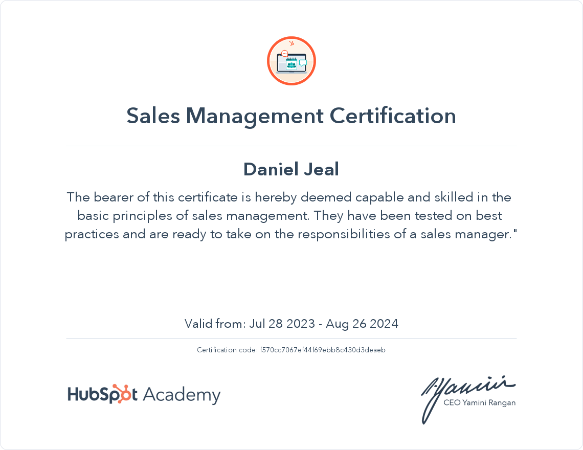 HubSpot Academy Sales Management Certification