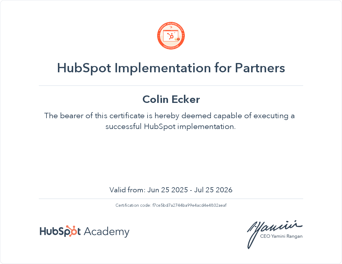 HubSpot Academy HubSpot Implementation for Partners Certification