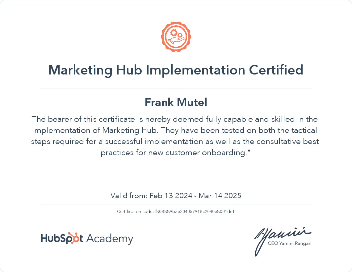 HubSpot Academy Implémentation du Marketing Hub Certification