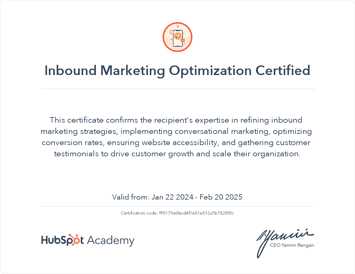 HubSpot Academy Inbound Marketing Optimization Certification