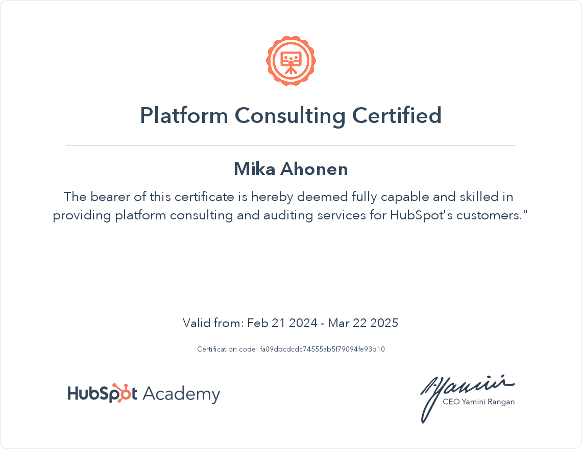 HubSpot Academy Platform Consulting Certification