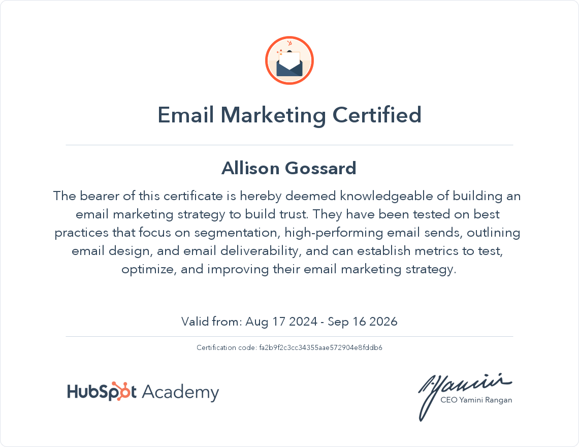 HubSpot Academy Email Marketing Certification