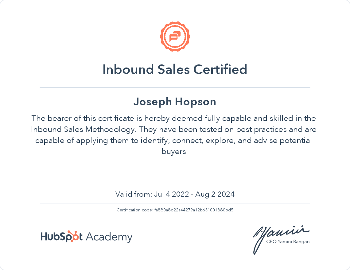 HubSpot Academy Inbound Sales Certification