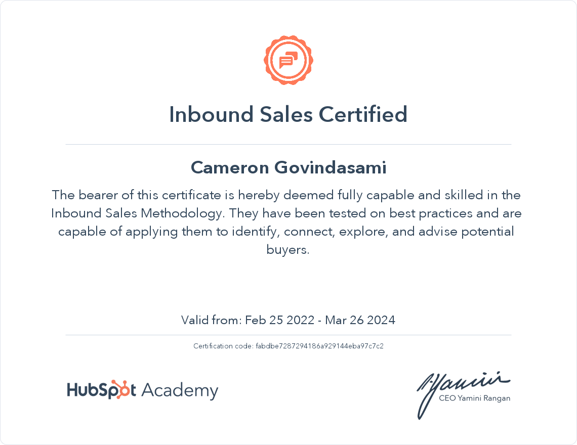 HubSpot Academy Inbound Sales Certification