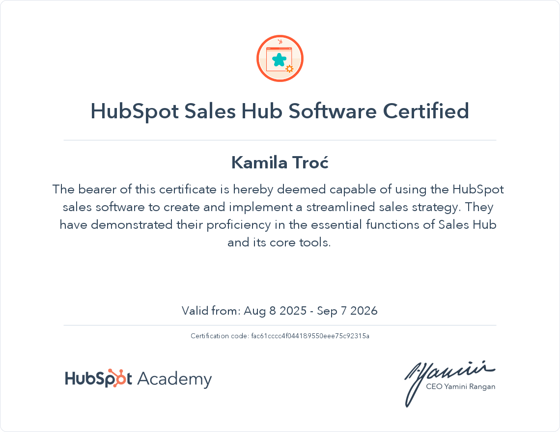 HubSpot Academy HubSpot Sales Hub Software Certification