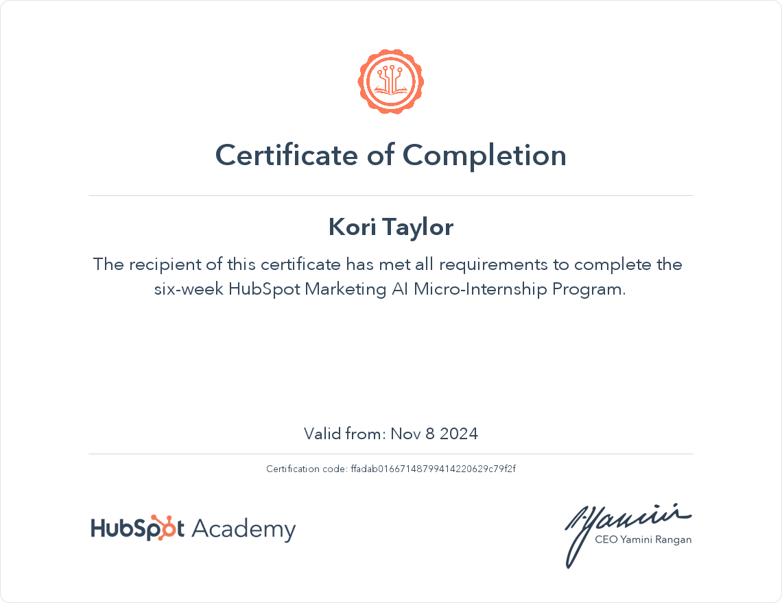 HubSpot Academy HubSpot Marketing AI Micro-Internship Program Certification